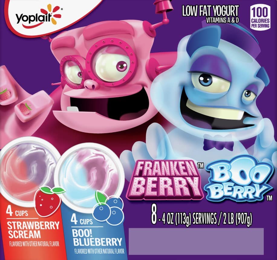 Yoplait Strawberry Franken Berry and Blueberry Boo Berry yogurt is delish